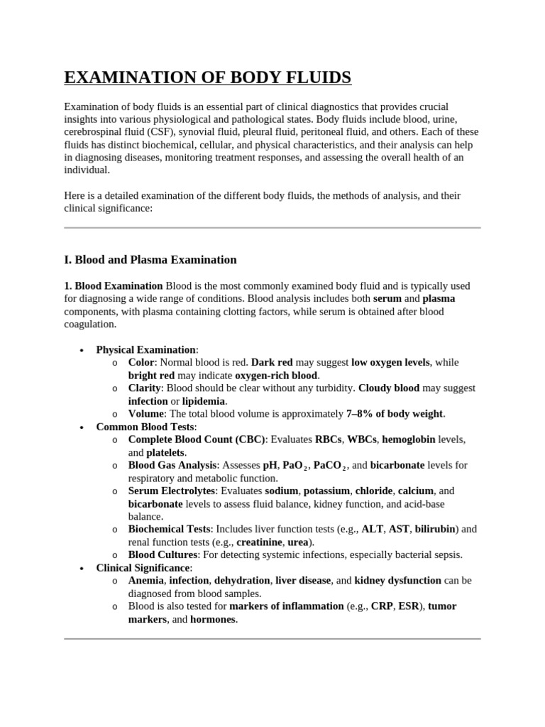 Examination of Body Fluids | PDF | Urine | Cerebrospinal Fluid