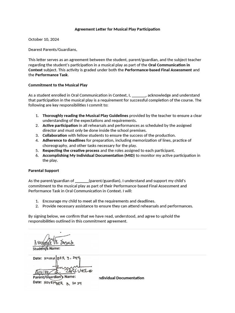 Musical Play Participation Agreement | PDF
