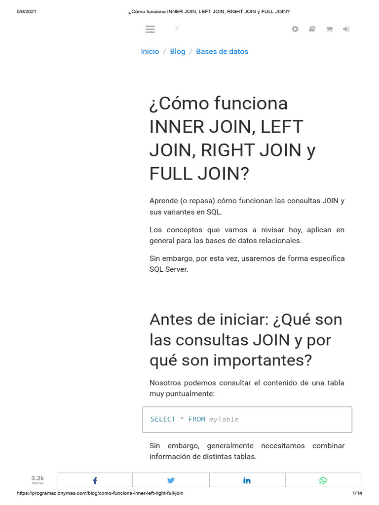 ¿Cómo Funciona INNER JOIN, LEFT JOIN, RIGHT JOIN y FULL JOIN | PDF ...