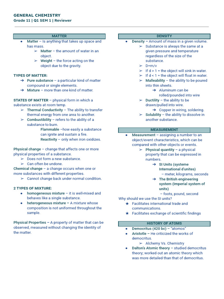 Grade 11 Chemistry Reviewer | PDF | Density | Matter