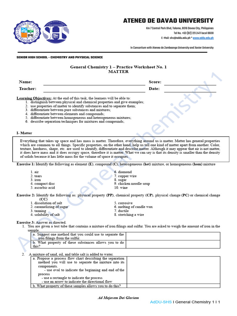 Practice Worksheet 1 | PDF | Mixture | Chemical Substances