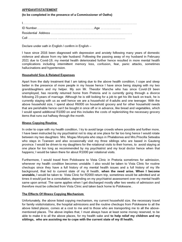 13 Affidavit Template | PDF | Mental Health