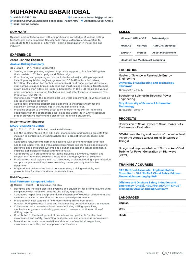 M_Babar_CV | PDF | Oil Well | Offshore Wind Power