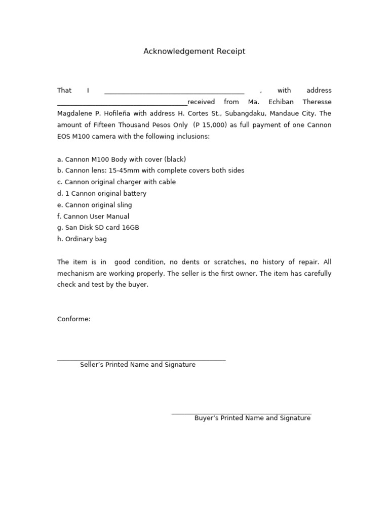 Camera Purchase Acknowledgement Receipt | PDF