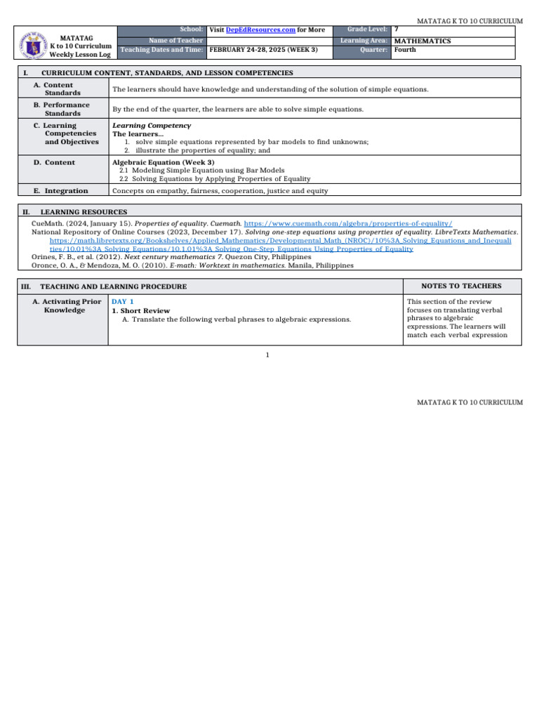 DLL Matatag - Mathematics 7 Q4 W3 | PDF | Equations | Subtraction