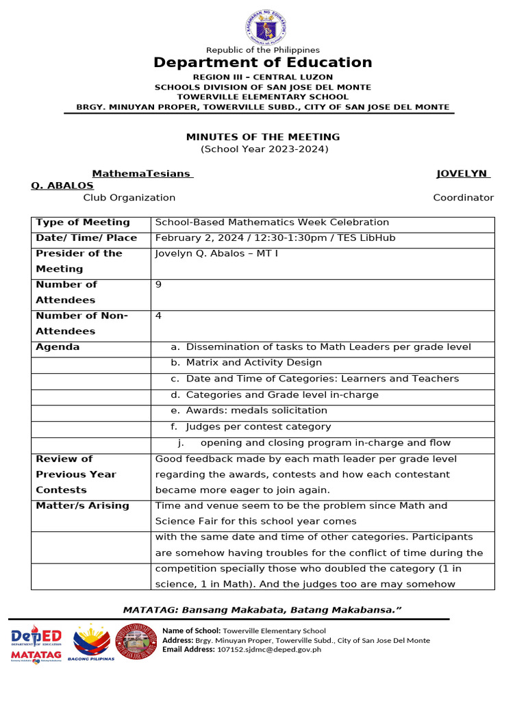 Towerville Elementary Math Week Meeting Minutes | PDF | Mathematics