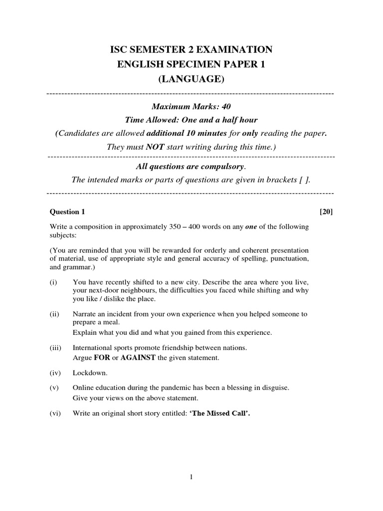 ISC Class 12 English Language Paper 1 (Theory) Question Paper (Sem 2 ...