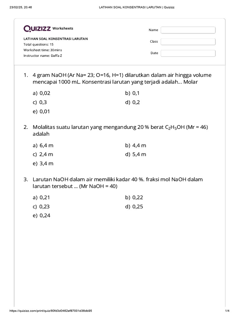 LATIHAN SOAL KONSENTRASI LARUTAN - Quizizz | PDF