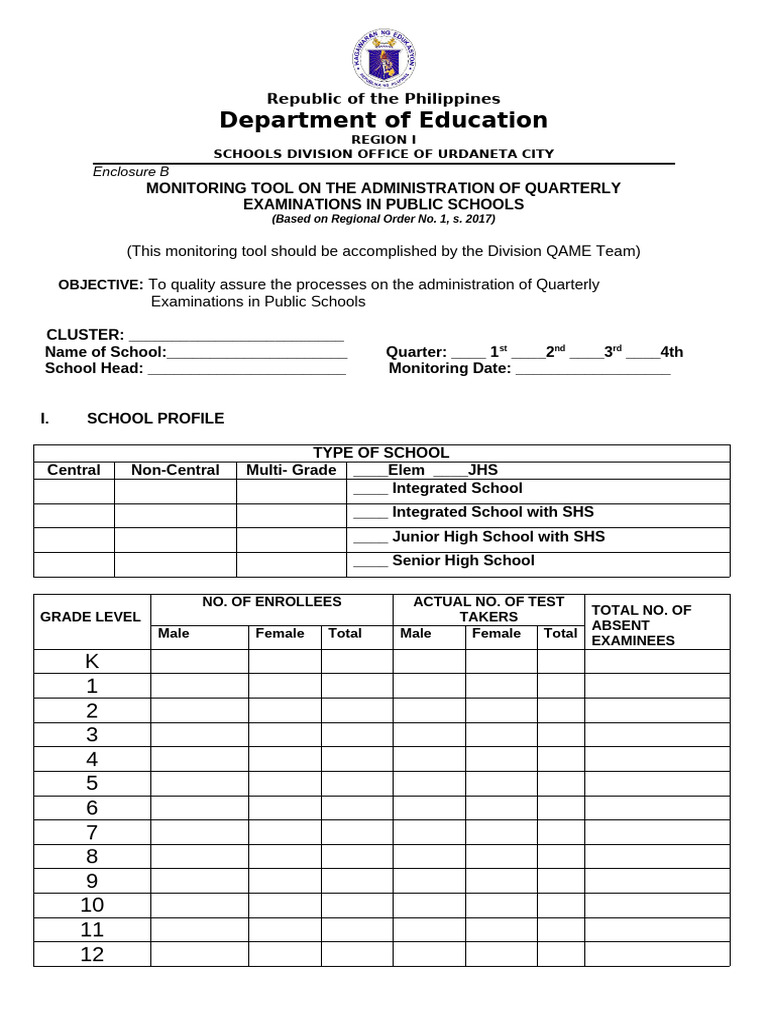 Monitoring Tool for Quarterly Exams | PDF
