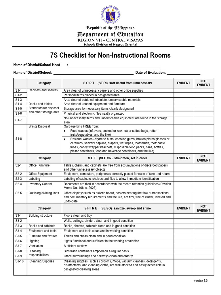 Non Instructional-Rooms 7S-Checklist Version-1.0 | PDF | Waste
