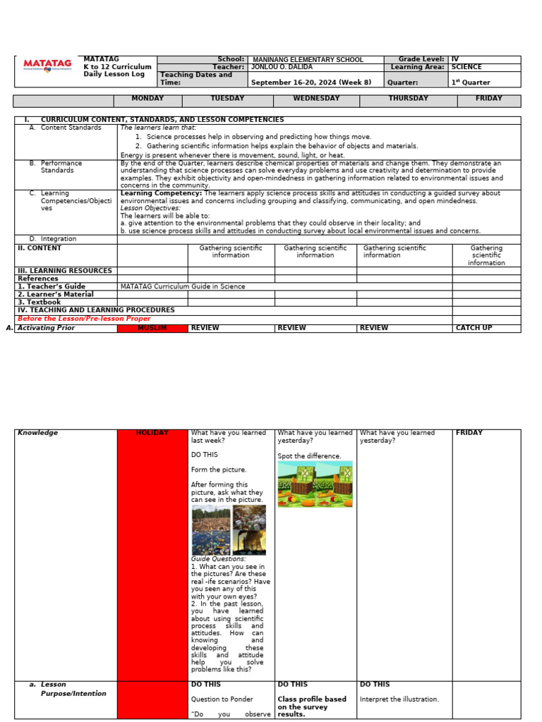 Matatag DLL Week 8 Science G4 | PDF | Learning | Science