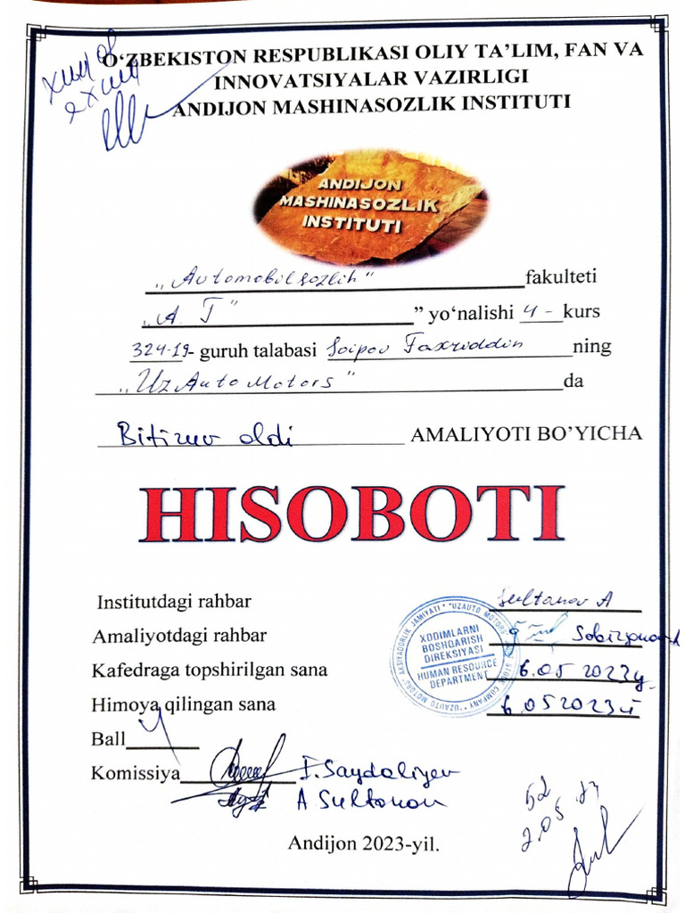 Bitiruv Oldi Amaliyoti Hisoboti Namunasi | PDF