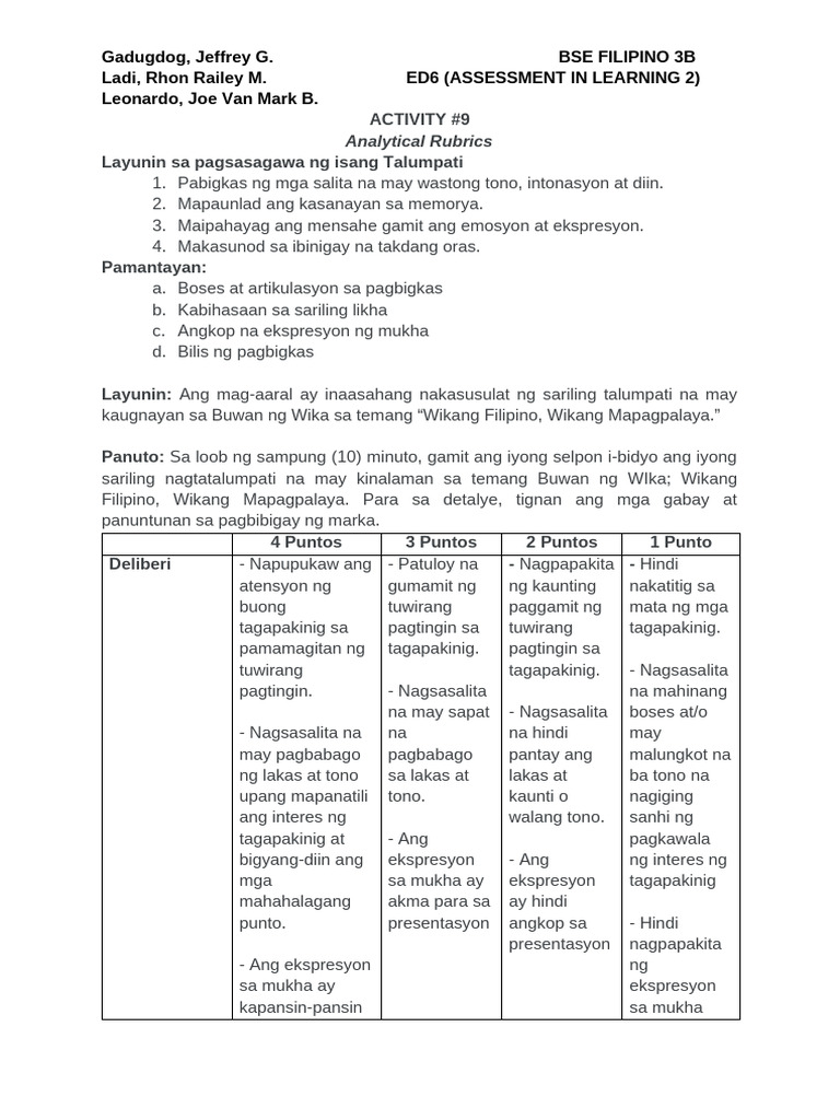 ACTIVITY #9 Rubrics | PDF