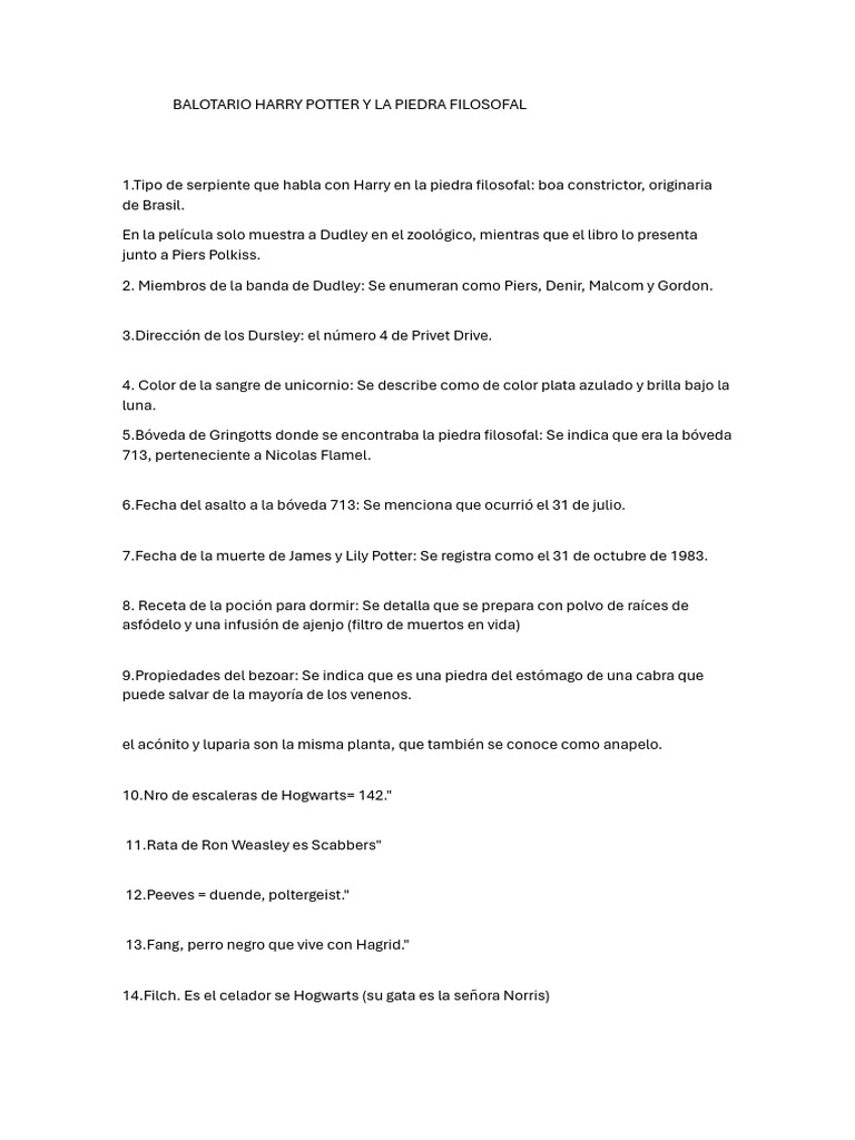 Datos Clave de Harry Potter y la Piedra Filosofal | PDF | Harry Potter ...