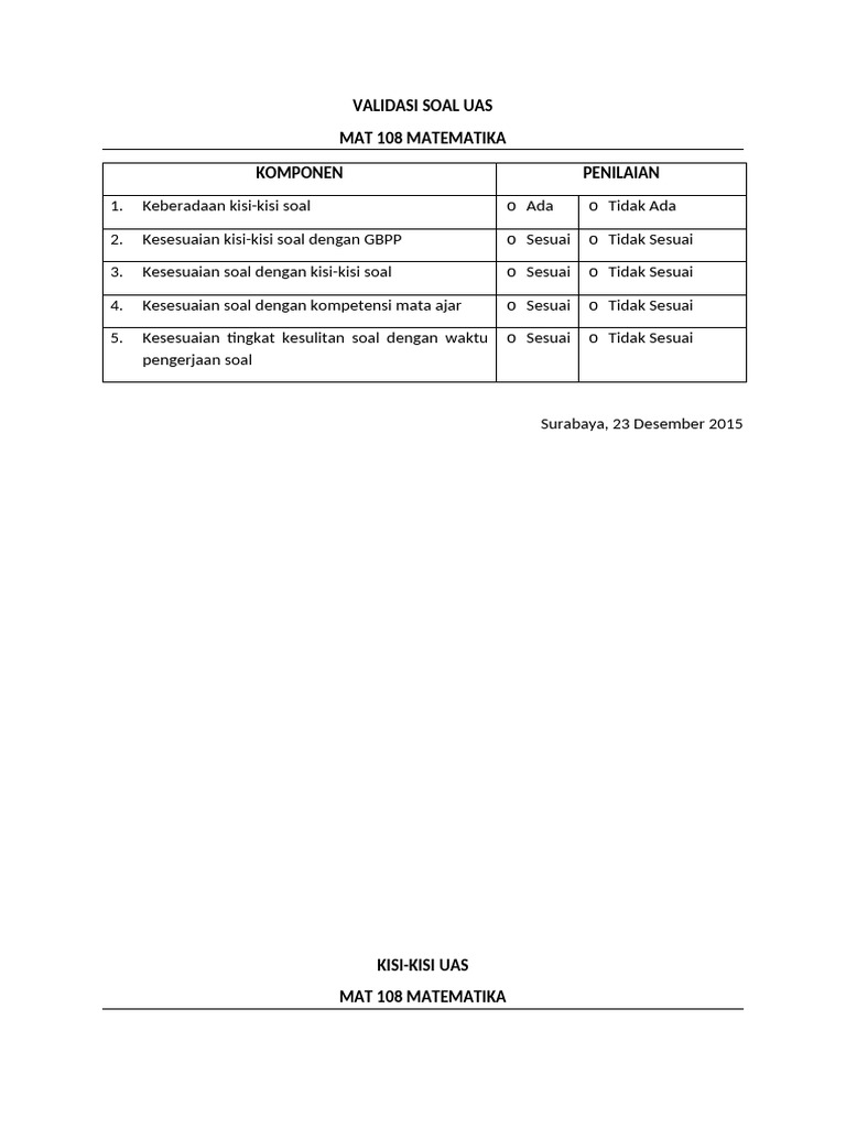 Kisi Soal, Soal, Dan Validasi Soal Uas | PDF