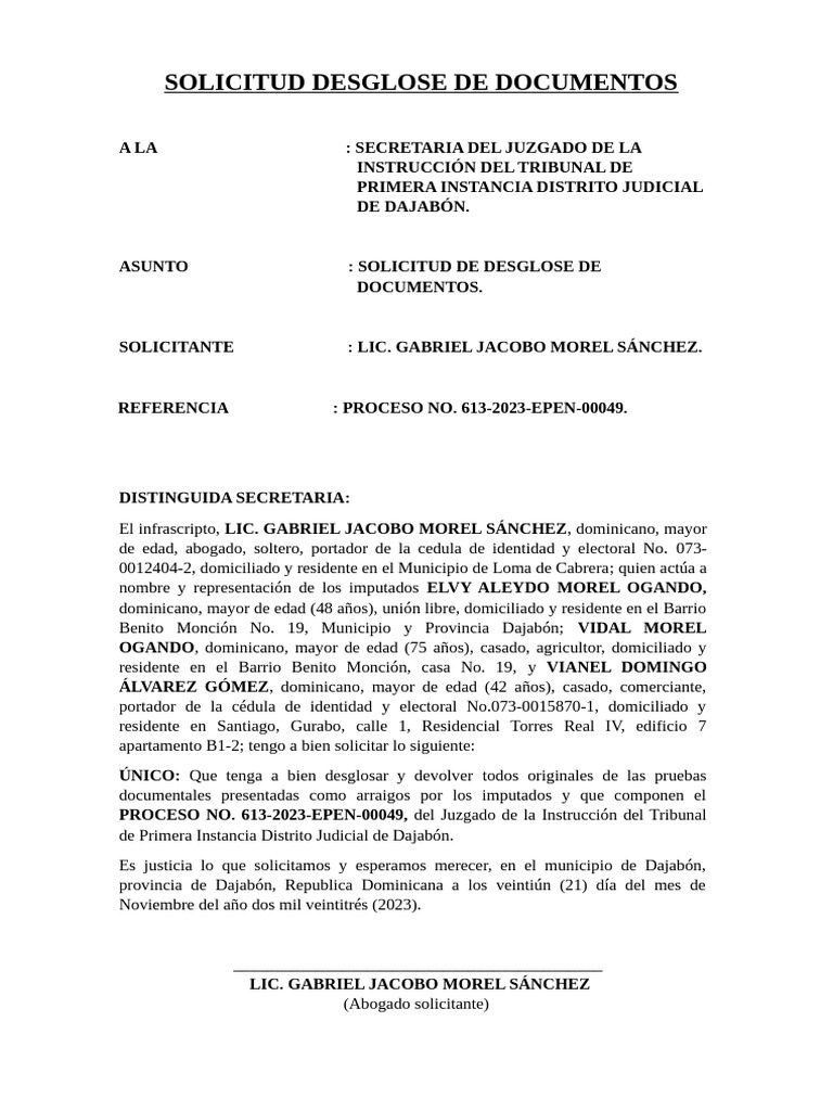 SOLICITUD DESGLOSE DE DOCUMENTOS nino | PDF