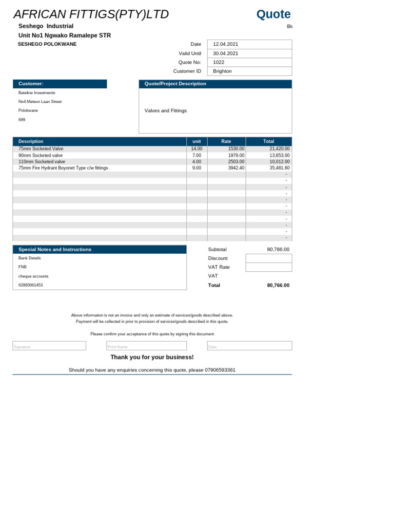 Bateline Investments Quote 001 | PDF | Invoice