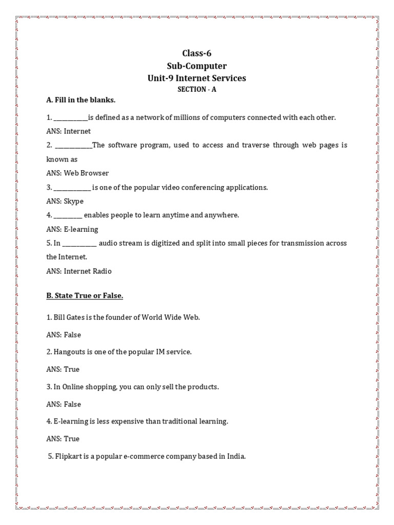 Class 6 Sub-Computer Unit 9 Complete Solution | PDF | Internet ...
