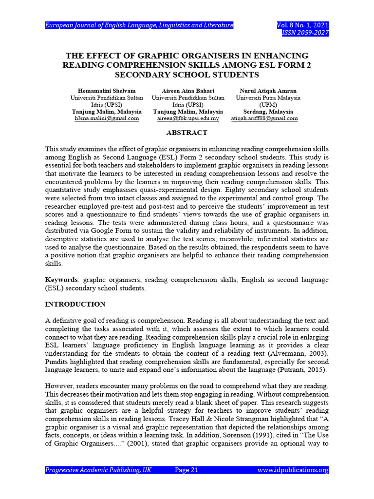 Full Paper The Effect of Graphic Organisers in Enhancing Reading Comprehension Skills Among Esl ...