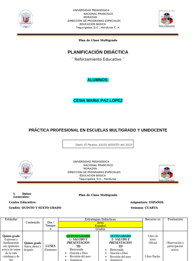 4 - Plan de Clase Multigrado Cesia Paz ESPAÑOL CUARTA SEMANA. CORREGIDO ...