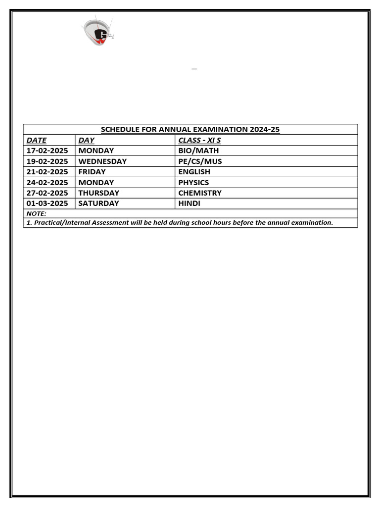 Class XI-S, Annual Exam Timetable | PDF