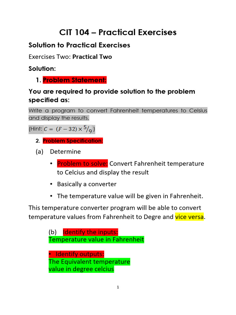 CIT 104 Exercise 2 - 3 - Real2 | PDF | Fahrenheit | Algorithms
