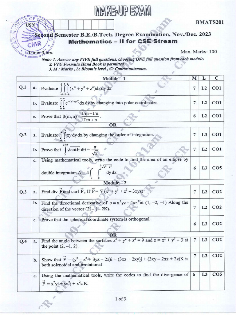 Make-Up VTU Question Paper of BMATS201 Mathematics-II for CSE Stream ...