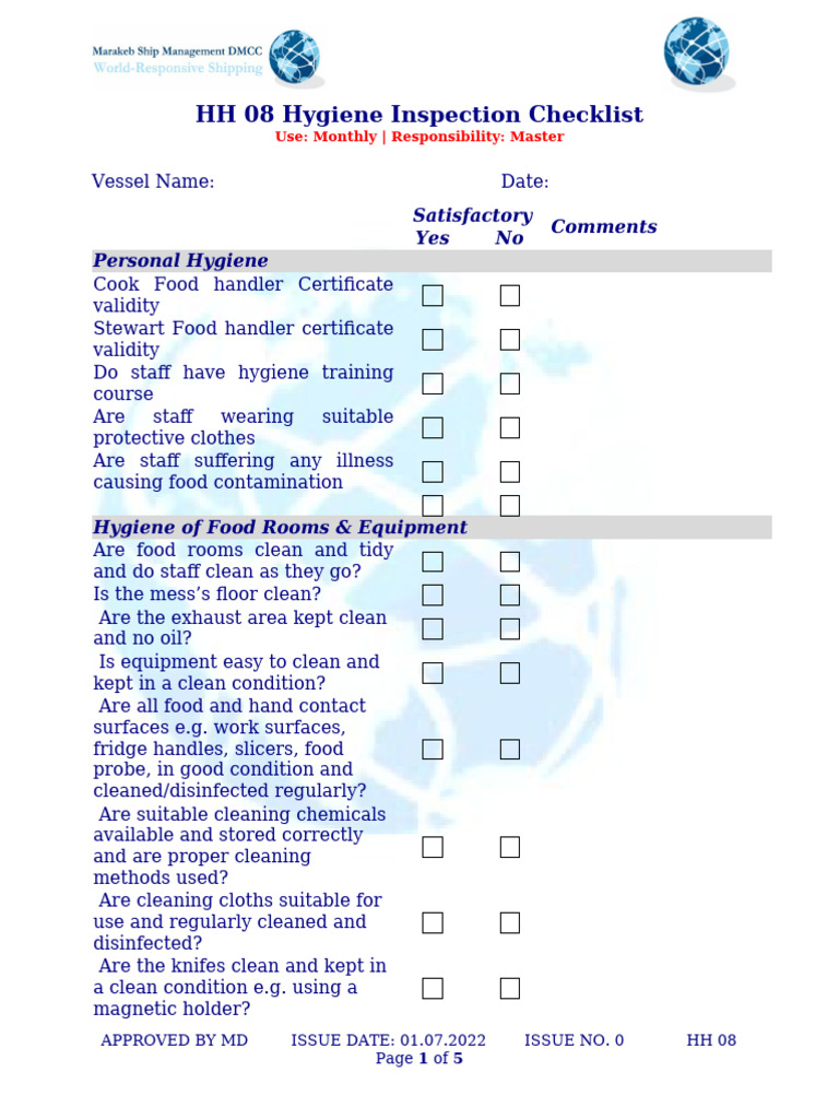 HH 08 Hygiene Inspection Checklist | PDF | Hygiene | Refrigerator