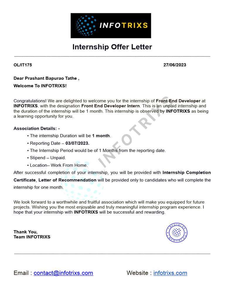 OL-IT-175 Front End Developer Offer Letter - Prashant Bapurao Tathe | PDF