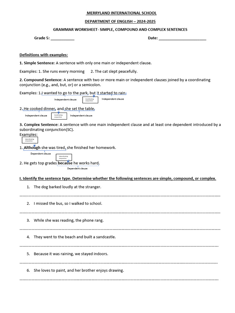 Grade 5 Sentence Structure Worksheet | PDF | Grammar | Language Mechanics
