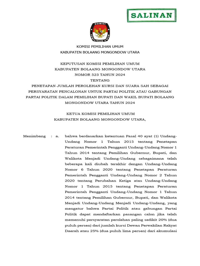 Bolmut Salinan - SK Penetapan Syarat Minimal Parpol Atau Gabungan ...