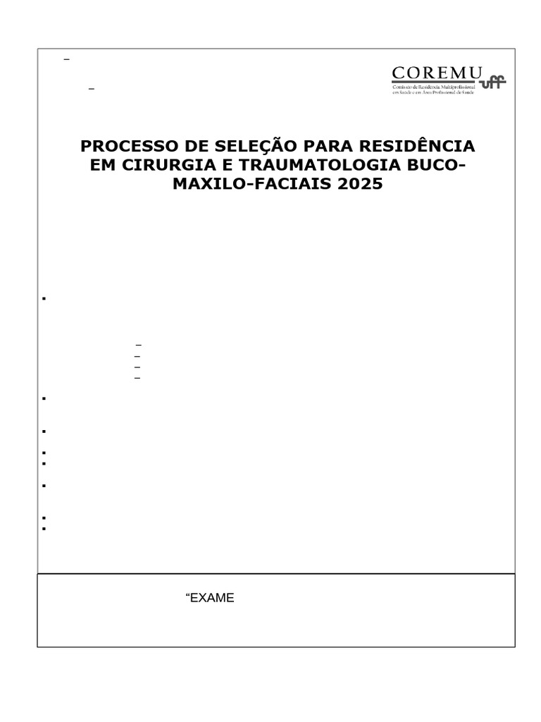 Uff Coremu2025 Prova Residencia Buco Maxilo Faciais | PDF | Dente humano | Câncer