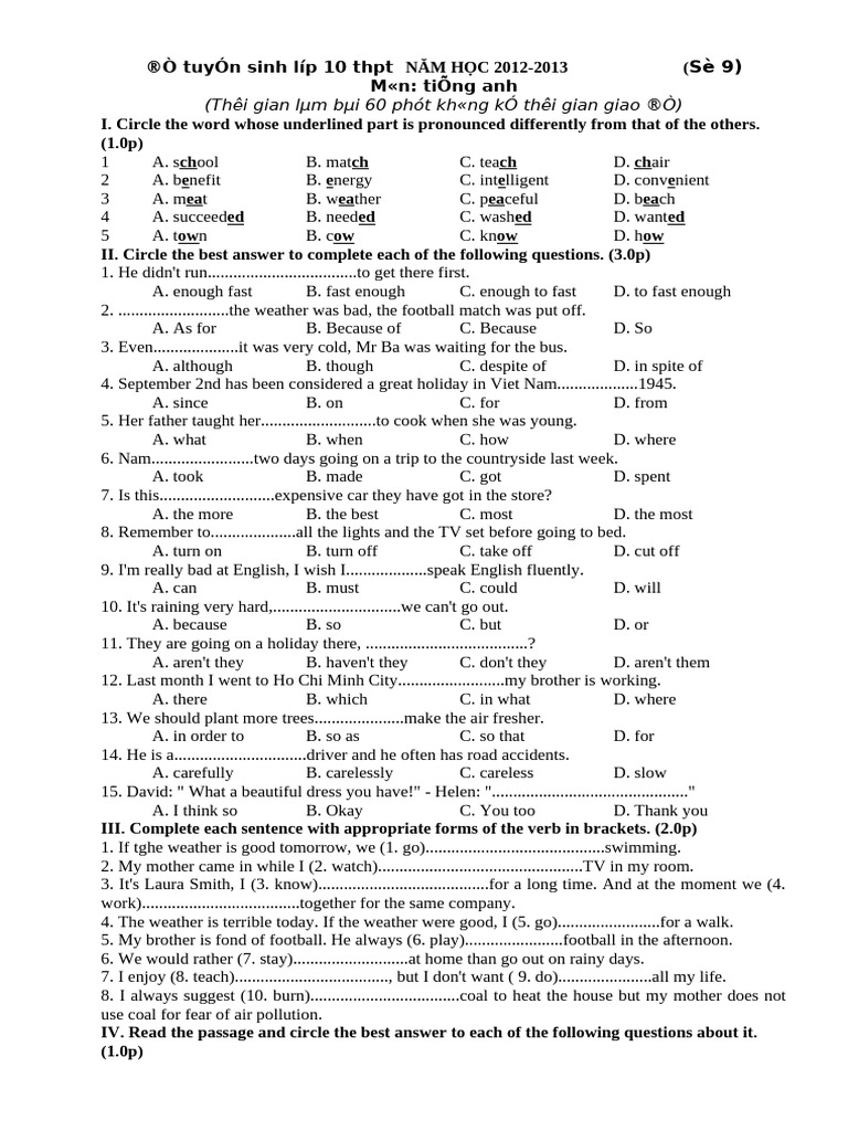 DE ON THI VAO LOP 10 So 9 | PDF | Postage Stamp