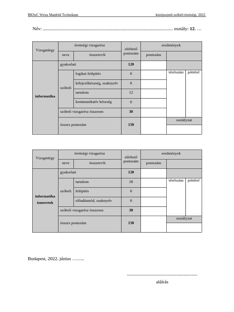 Erettsegi Szobeli Pontozolap | PDF