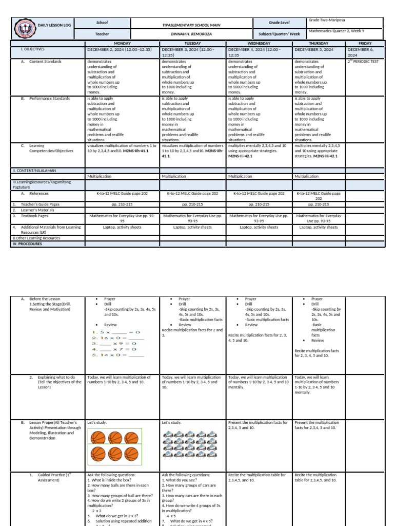 DLL MATH-2 Week8 Q2 Final | PDF | Multiplication | Learning