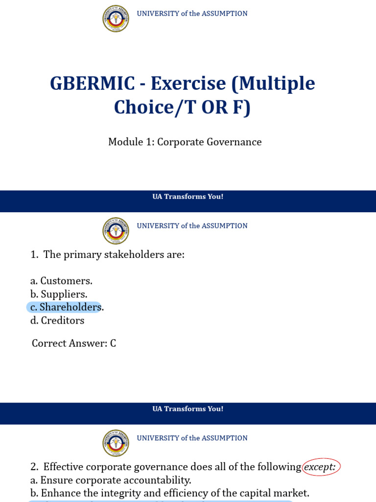 Corporate Governance Quiz Answers | PDF | Corporate Governance | Governance