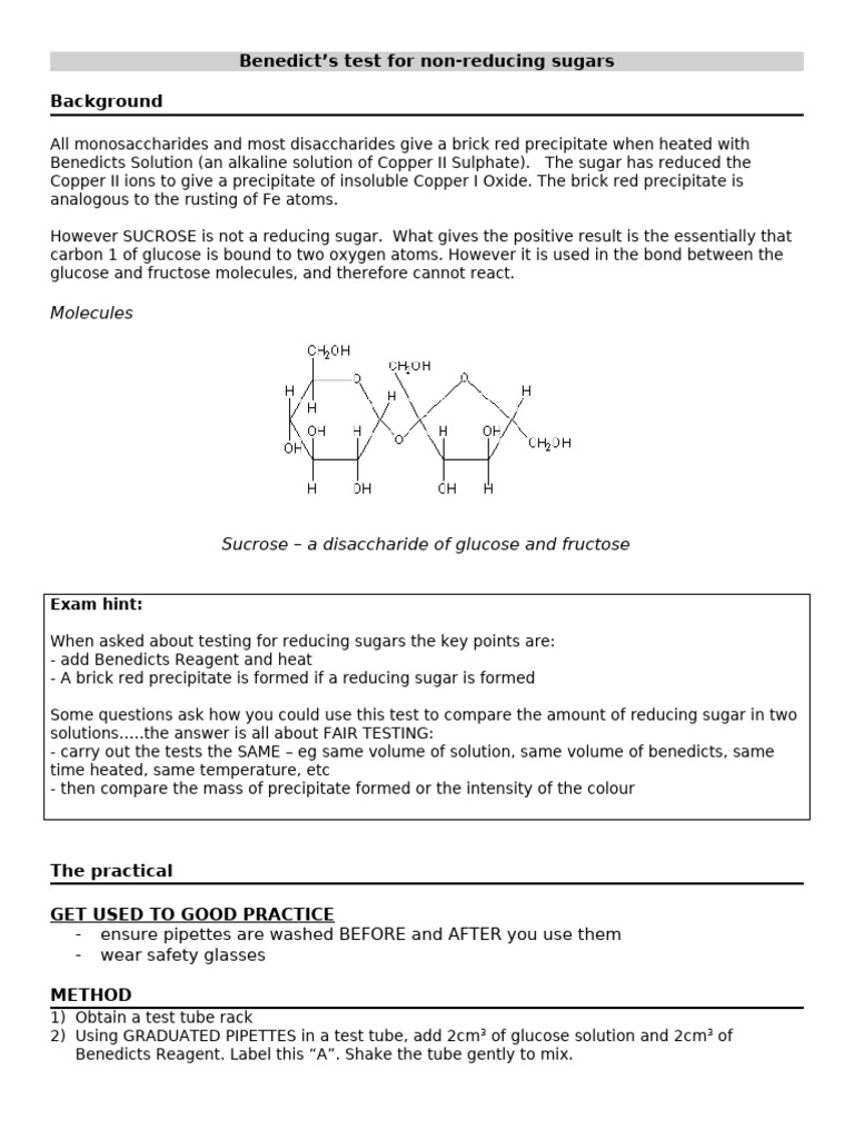 Benedict's Test For Non-Reducing Sugars PROTOCOL | PDF | Sucrose ...
