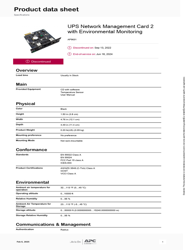 APC Network-Management-Cards AP9631 | PDF