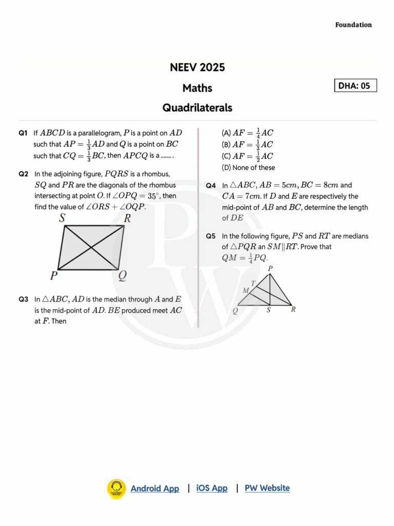 Quadrilaterals - DHA 05 - Neev 2025 | PDF