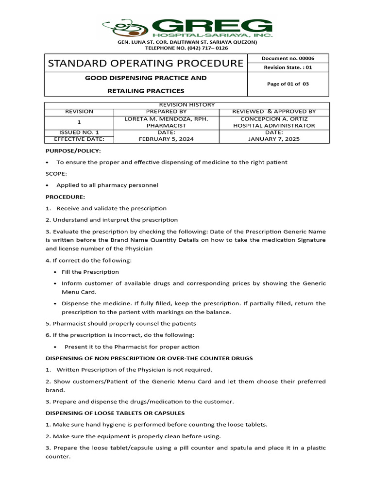 6 Good Dispensing Practice Sop | PDF | Medical Prescription | Pharmacy