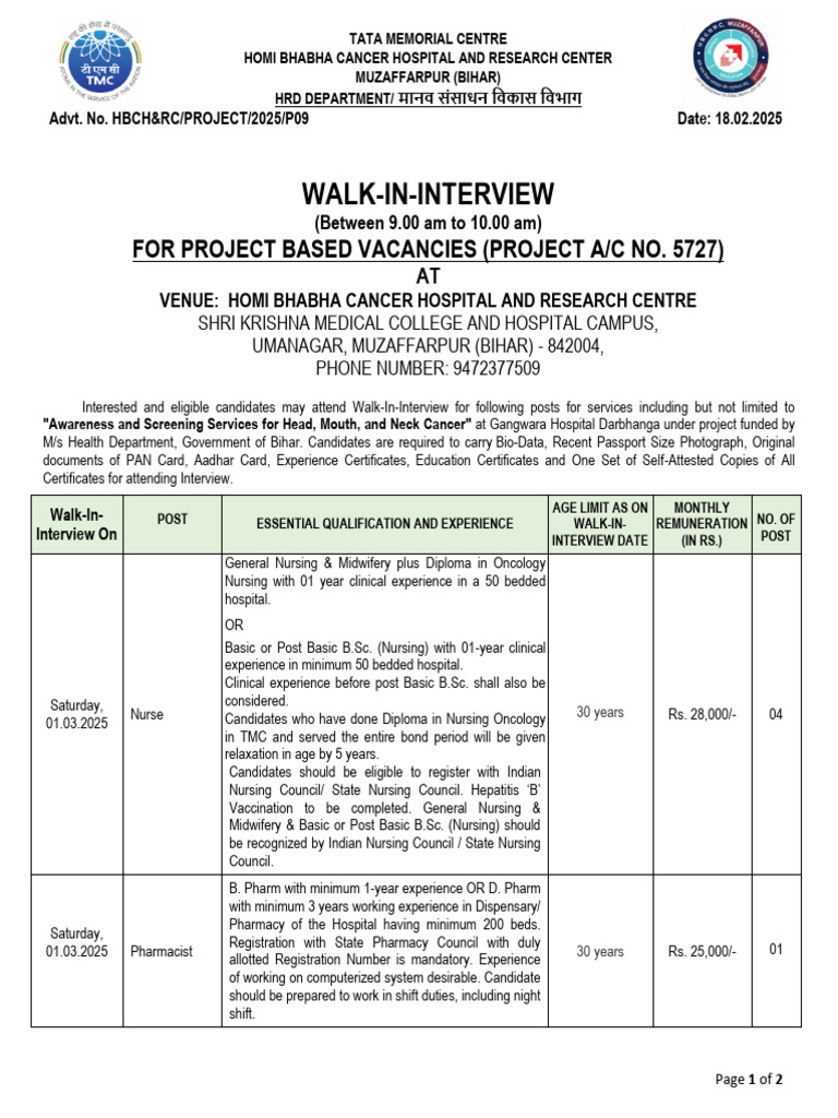 TMC Muzaffarpur Walk-In Interview 2025 | PDF | Health Care | Medicine
