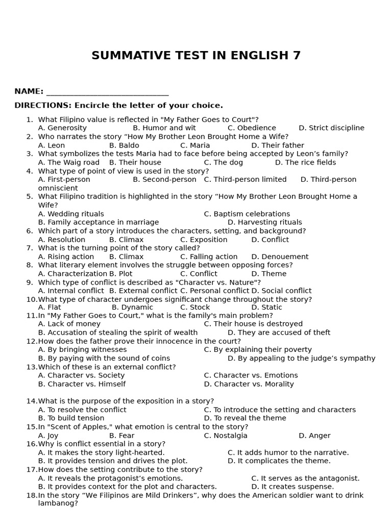 English 7 Summative Test Questions | PDF | Narration | Emotions