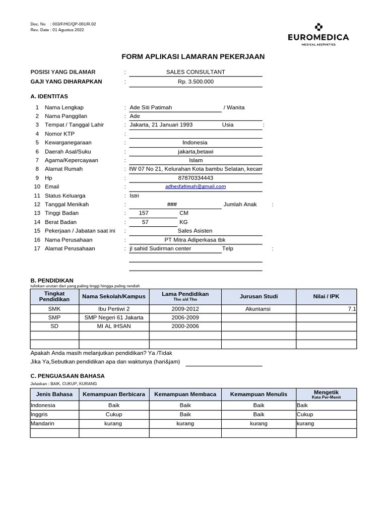 Form Aplikasi Lamaran Pekerjaan: Posisi Yang Dilamar | PDF