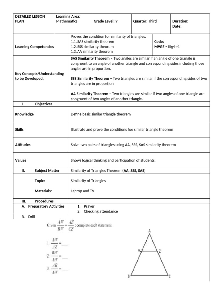 DETAILED LESSON PLAN - Jovanie | PDF | Triangle | Theorem