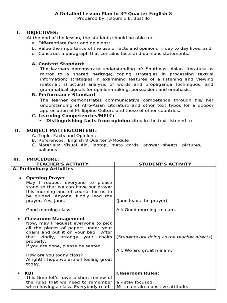 A Detailed Lesson Plan in 3rd Quarter (Facts 0 Opinions) English 8 ...