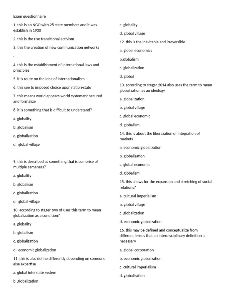Exam questionnaire | PDF | Globalization | Multinational Corporation
