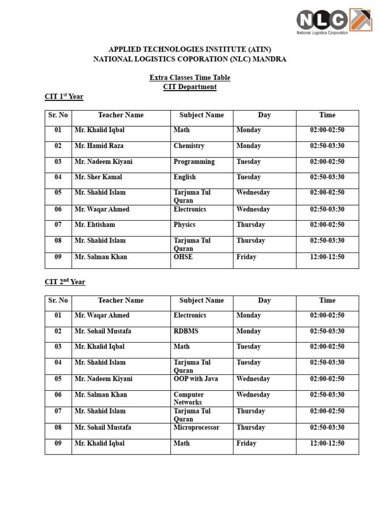 Extra Classes Schedule | PDF
