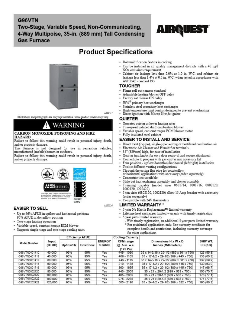 G96VTN0401712_Furnace_Spec Sheet | PDF | Combustion | Manufactured Goods