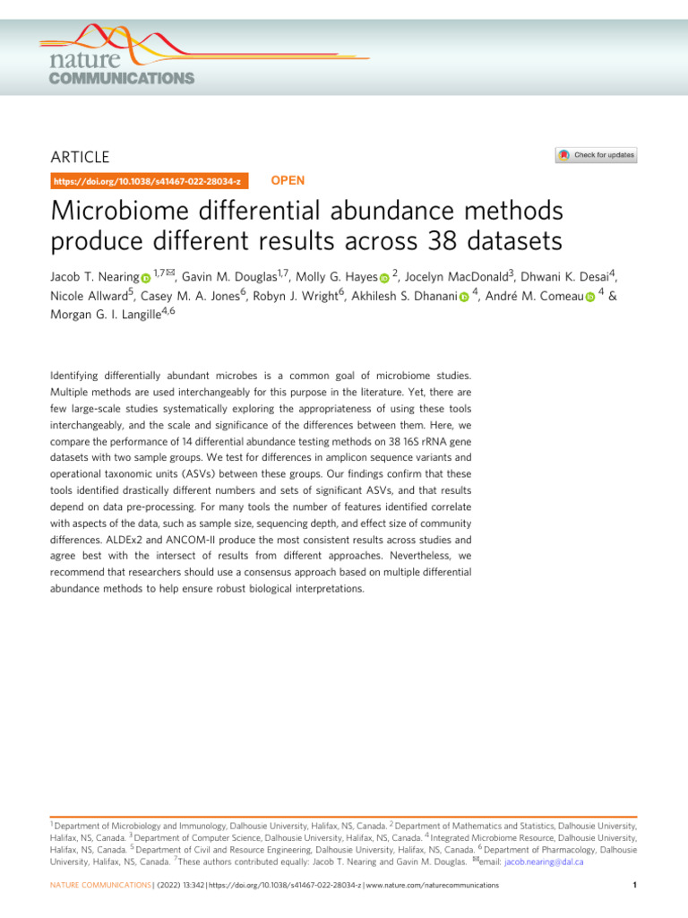 Microbiome differential abundance methods produce different results across 38 datasets | PDF ...