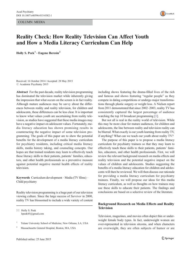 Reality Check How Reality Television Can Affect Youth | PDF | Body ...